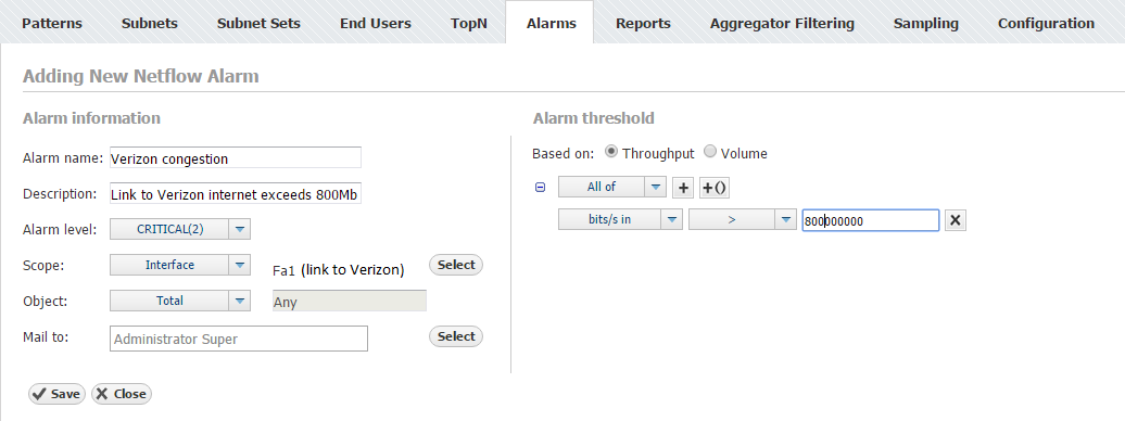 Alarm Settings (NFA) - NetVizura User Guide - NetVizura User Guide